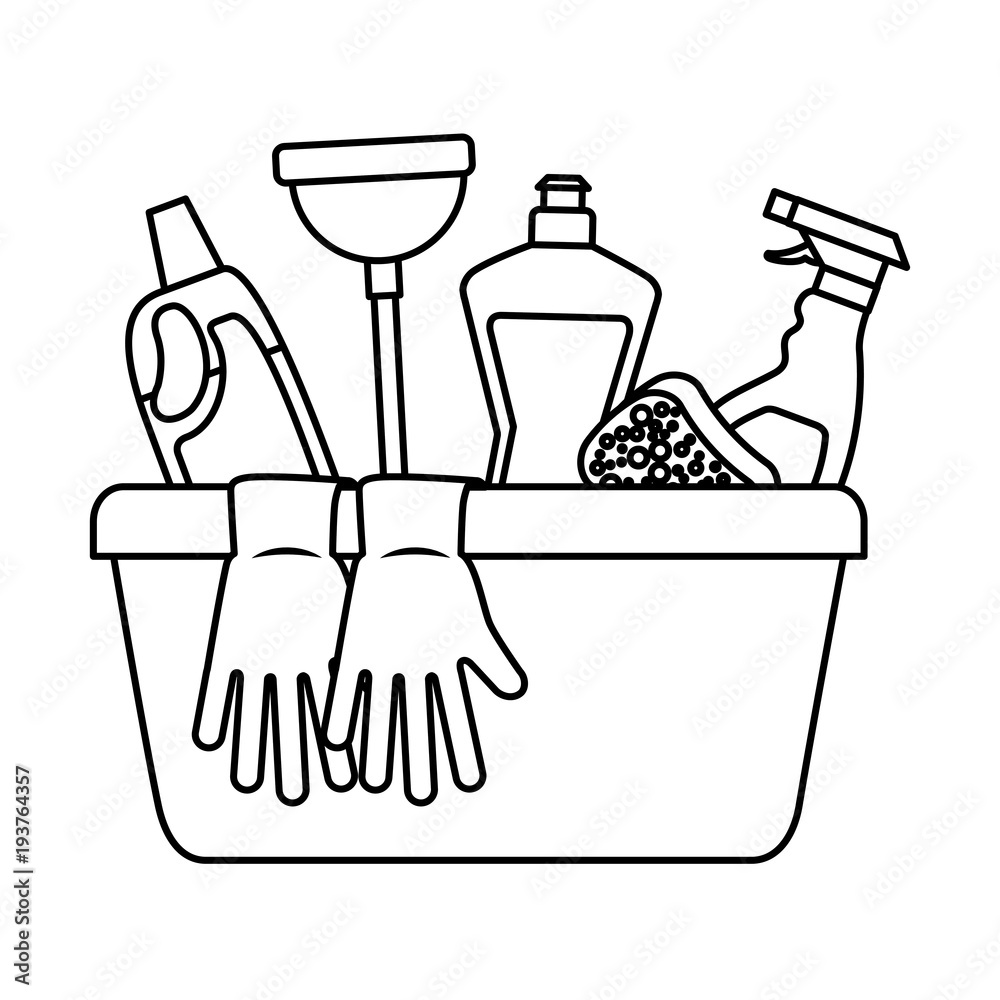 Container With Cleaning Supplies Gloves Plunger Sponge Spary Bottle And