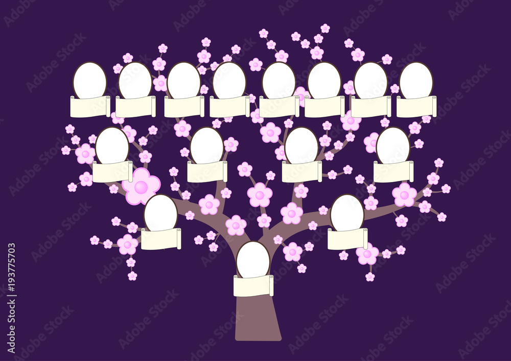 Family tree and nameplate. Pink japanese cherry. Spring flowering tree ...