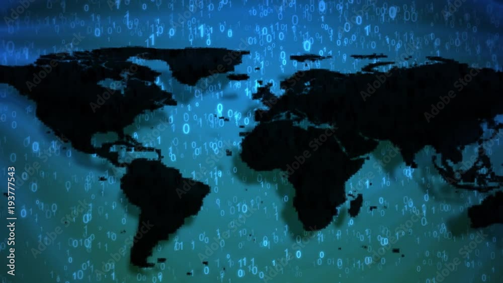 World map on animated top-down blue digits 0 and 1 binary code. Dark continents with shadows and ...