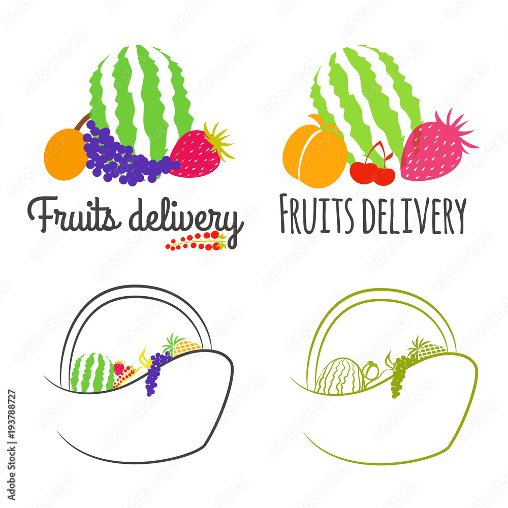 Vector set of emblems, logos and labels with fruits with basket. Good ...