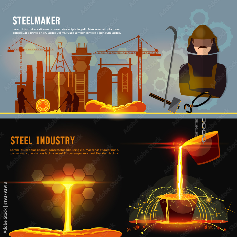 Steel industry banner. Smelting of metal in big foundry. Iron and ...
