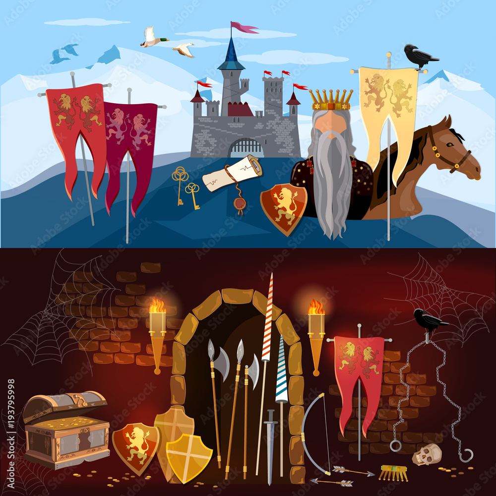 Medieval banners, old king, joust, knight, medieval castle. Ancient ...