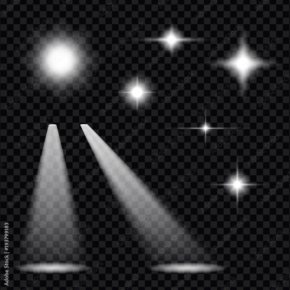 Set of light effects of stars, sun and reflectors, vector on a ...