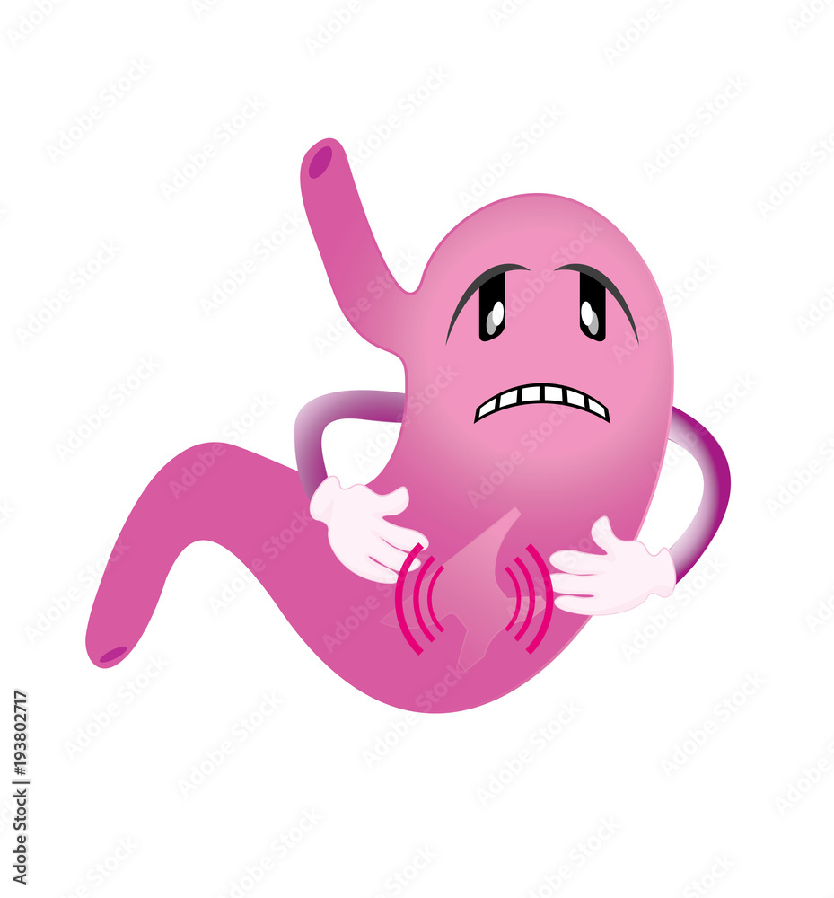 cartoon illustration of a stomach with an anvil inside as an abstract ...