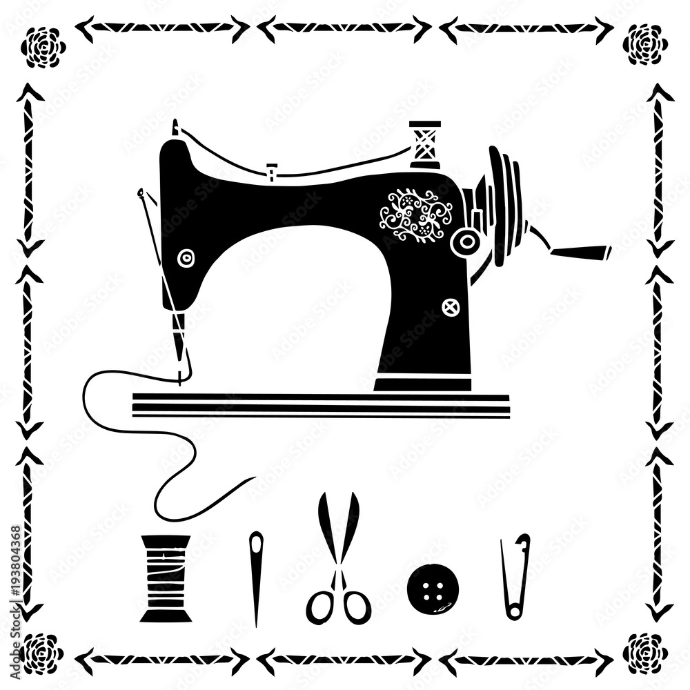 Hand drawn set black silhouettes sewing machine, thread, needle ...