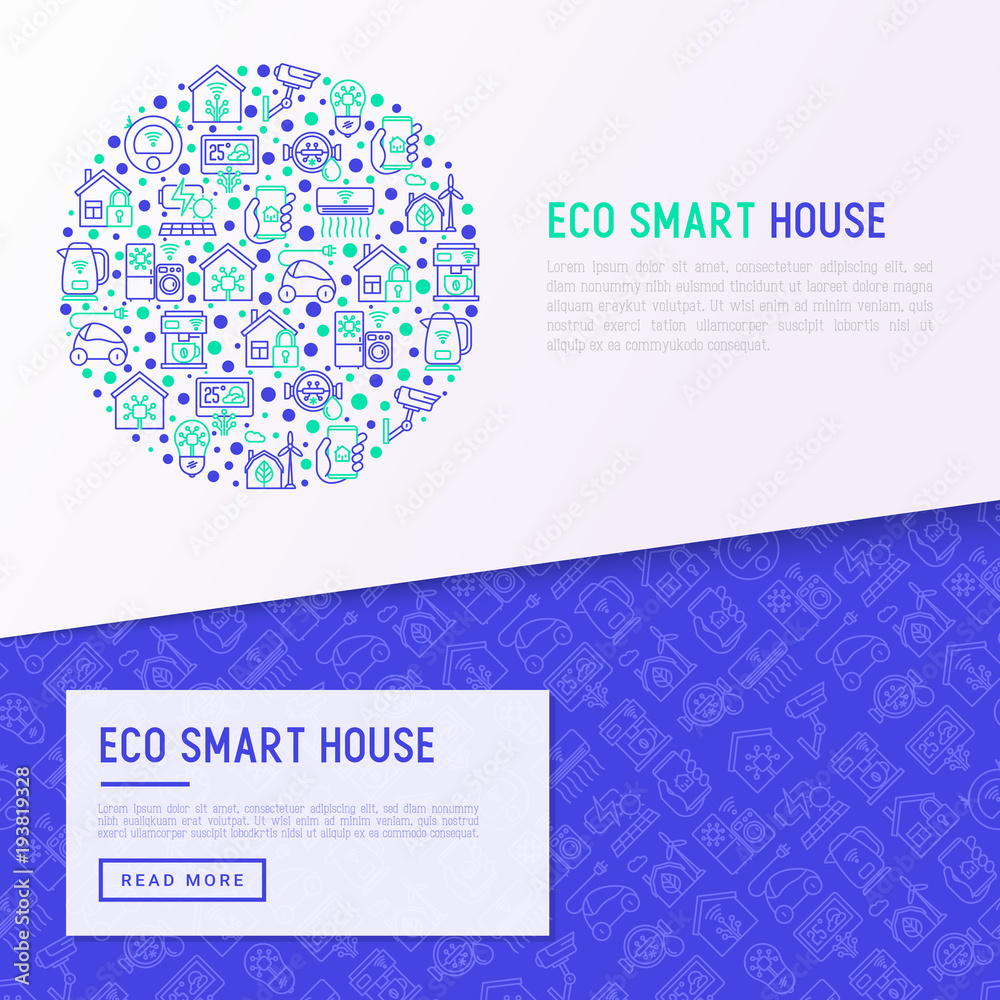 Eco smart house concept in circle with thin line icons: solar battery ...