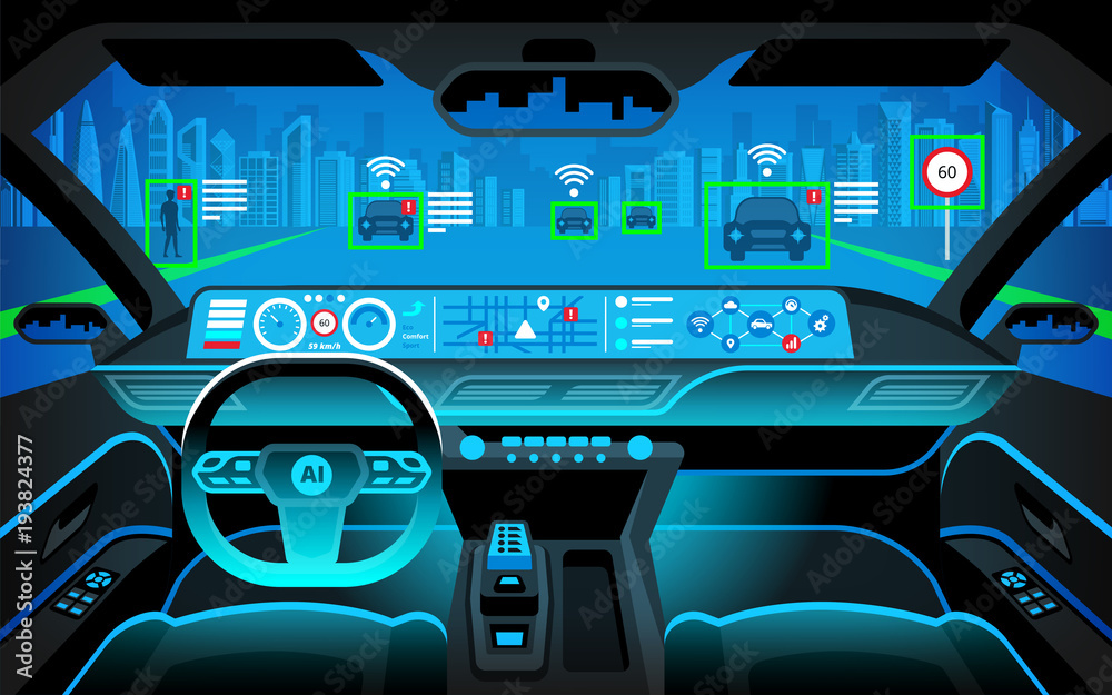 Smart car (HUD) concept. Self-Driving mode car graphic screen with ...