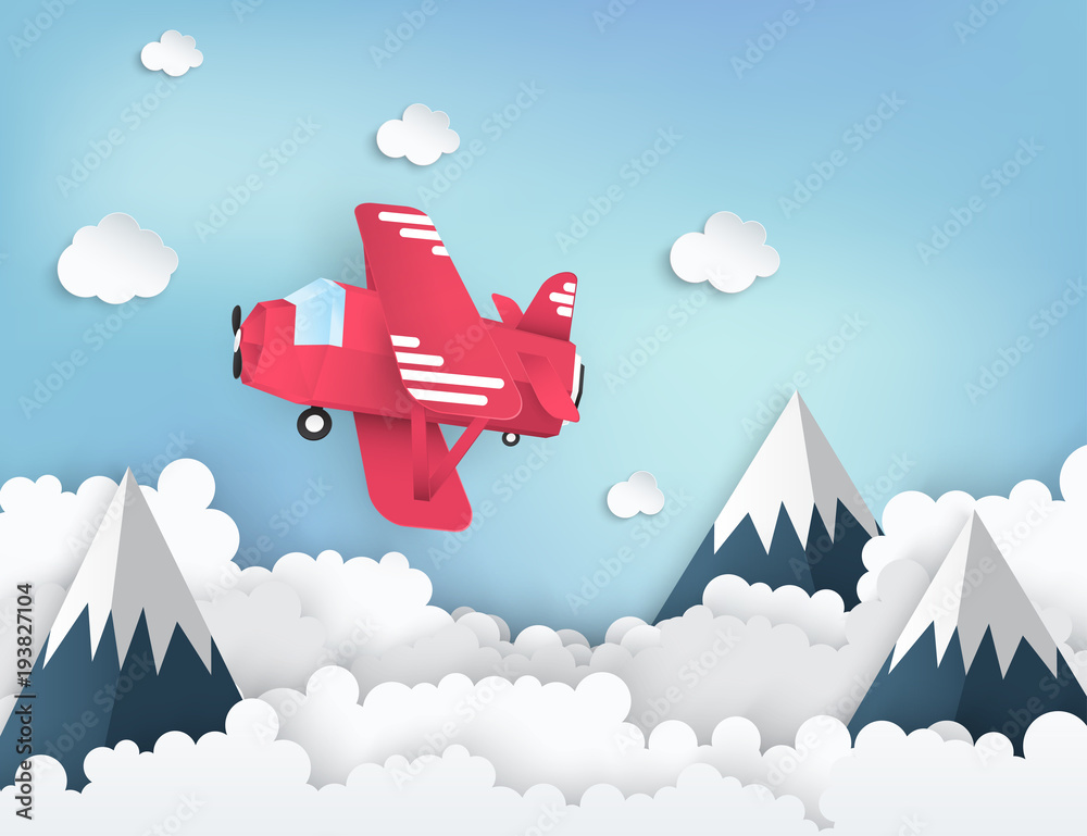 Paper art background with paper clouds, high mountains, red airplane ...