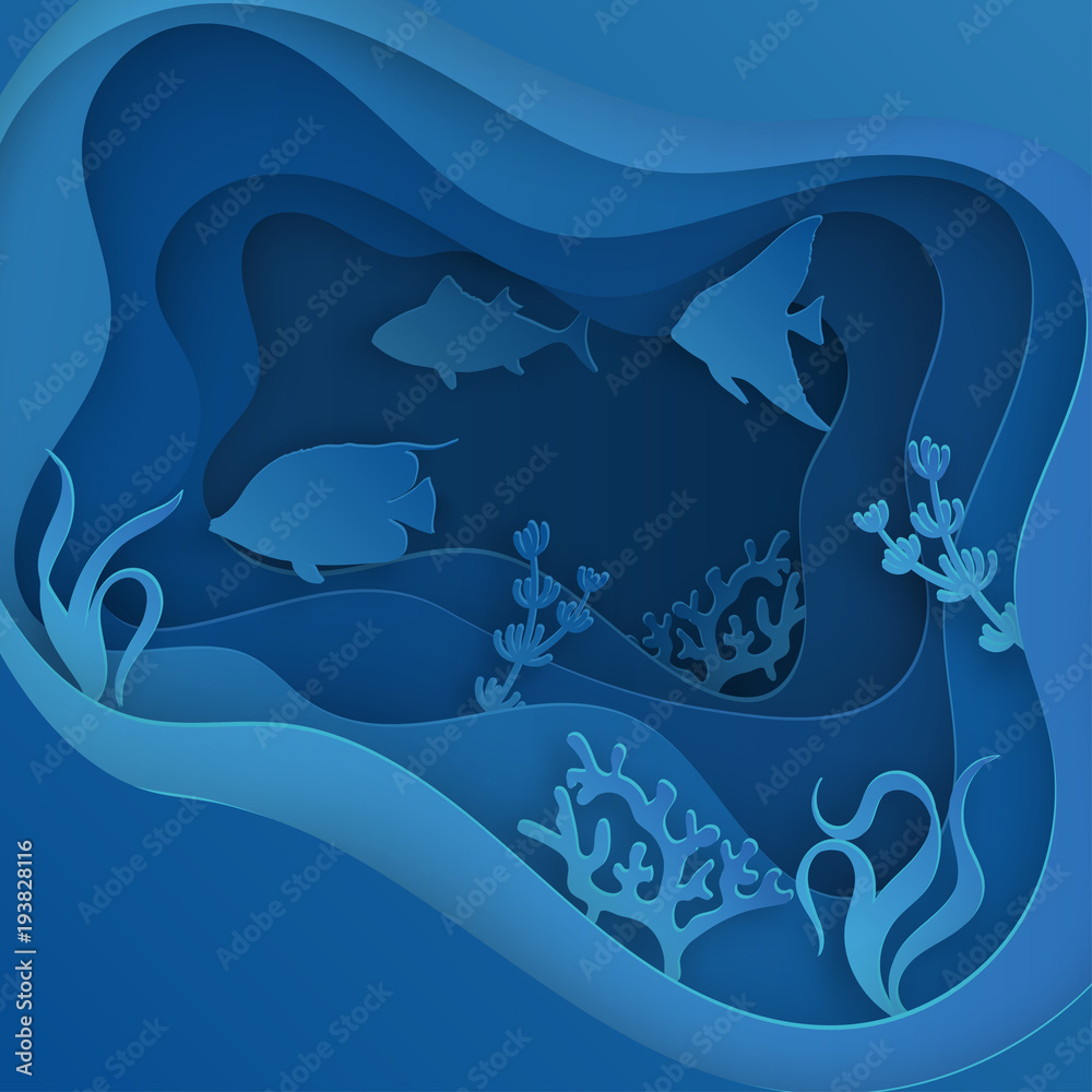 Paper underwater sea cave with fishes, coral reef, seabed in algae ...