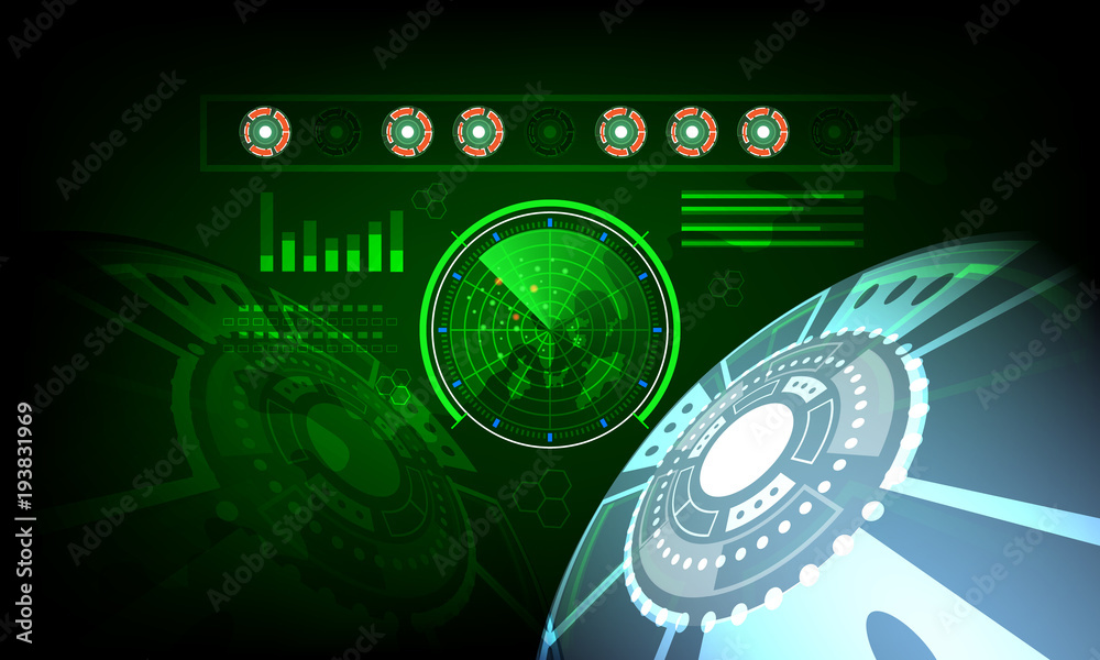 radar screen digital interface with world map Concept future in ...