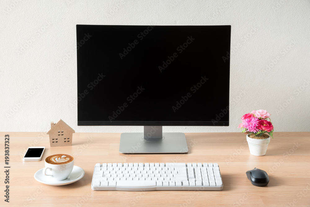 computer work space background with a cup of coffee Stock Photo | Adobe ...