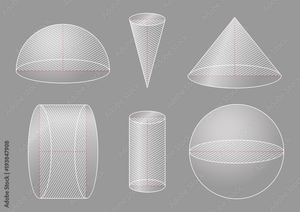 3d basic shapes. Sphere, hemisphere, cone, cylinder. Cross-section ...