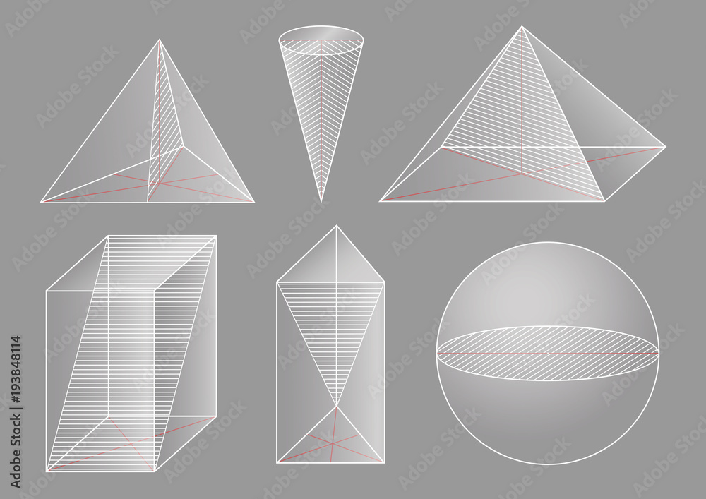 3d basic shapes. Prism, pyramid, cone, sphere. Cross-section. Stock ...