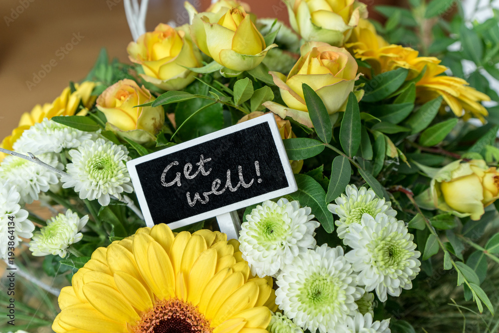 get well soon / Bouquet of yellow and white roses, gerberas ...