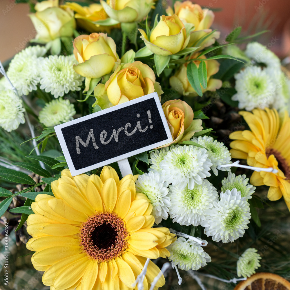 Thank you / Bouquet of yellow and white roses, gerberas, chrysanthemums ...