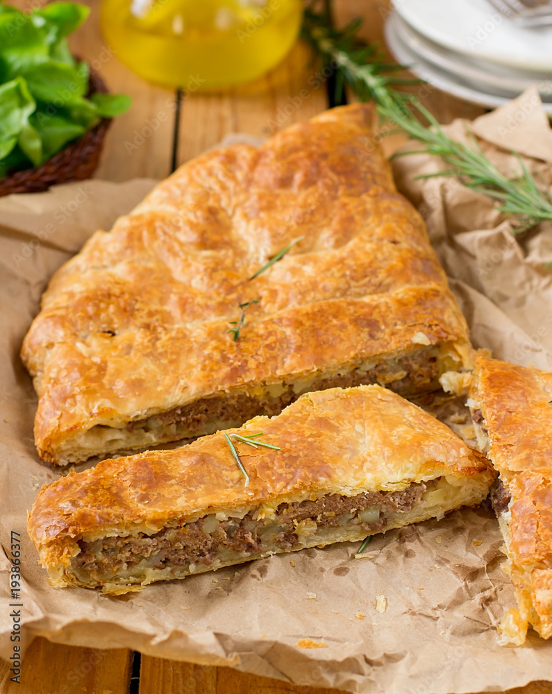 Meat pie with puff pastry, minced beef and potatoes Stock Photo | Adobe ...