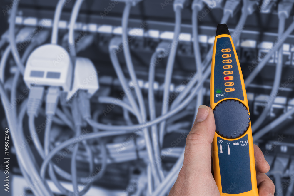 Measurement a cables connected in patch panels of rack case. Detail of ...