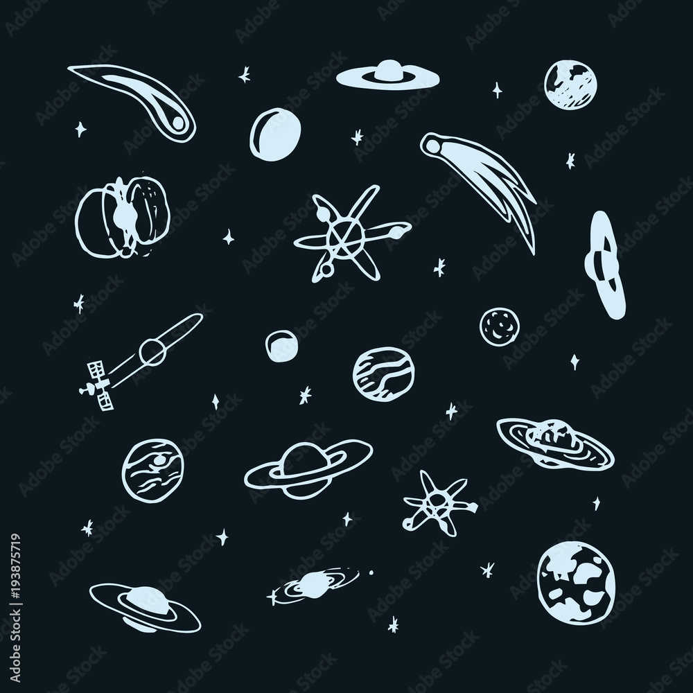 Vector set of hand drawn doodle space object - planet, comet, orbit ...