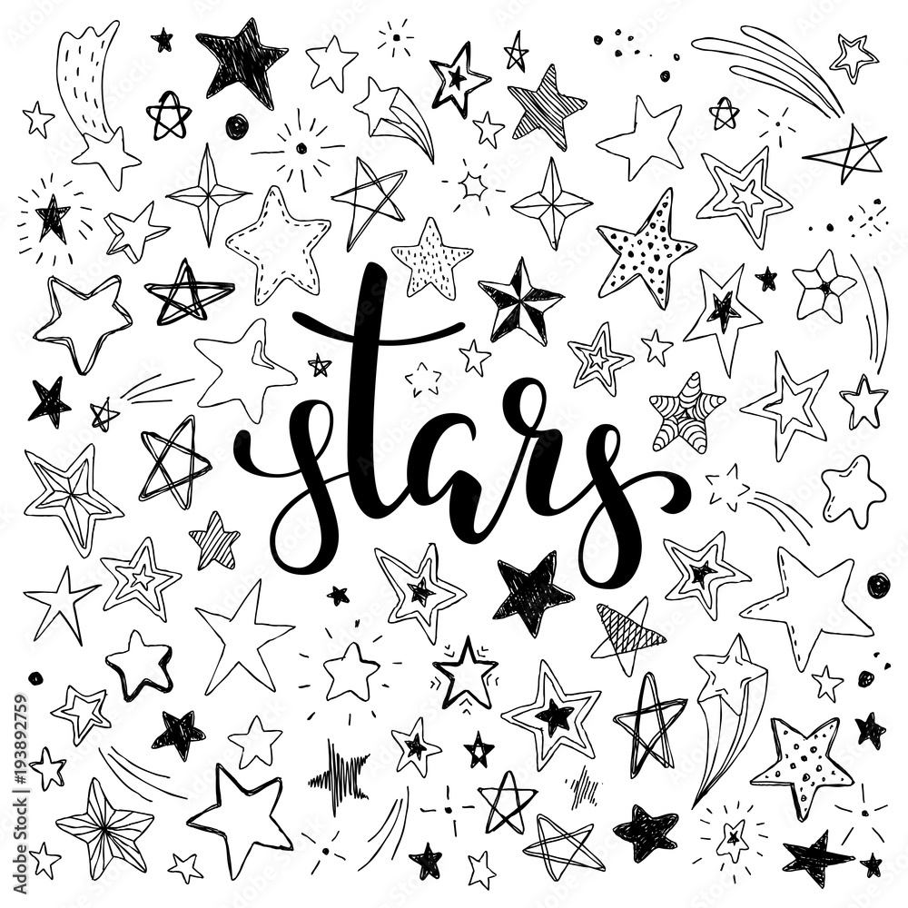 big set of hand drawn doodle stars black and white isolated on ...