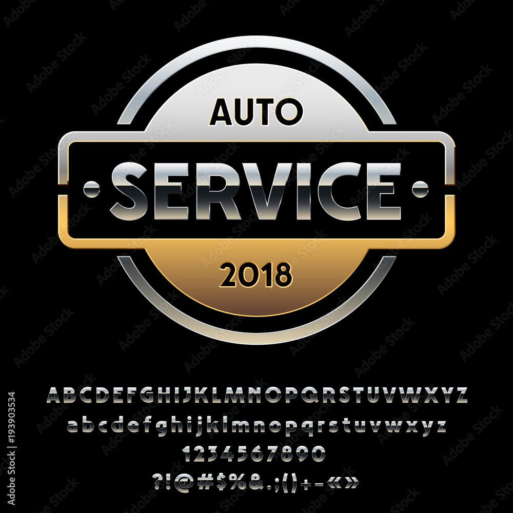 Vector metallic shiny sign Auto Service. Set of glossy metal Alphabet ...