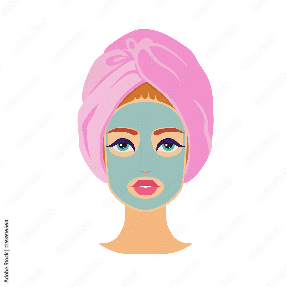 Beautiful Young European Appearance Woman In Pink Towel On Head And Cosmetology Clay Mask On Her