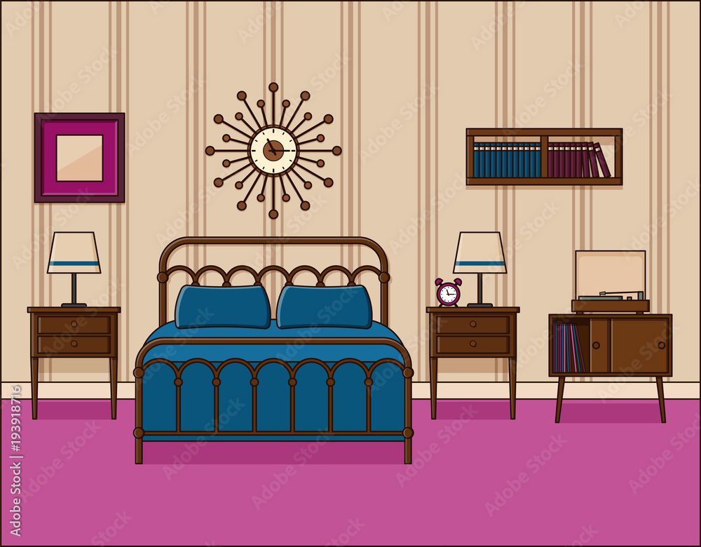 Bedroom interior. Hotel room. Vector in flat design. Retro home space ...