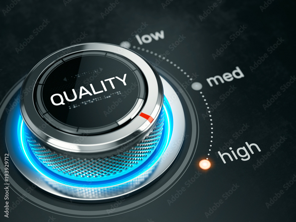 High quality level concept - quality level button on high position. 3d ...