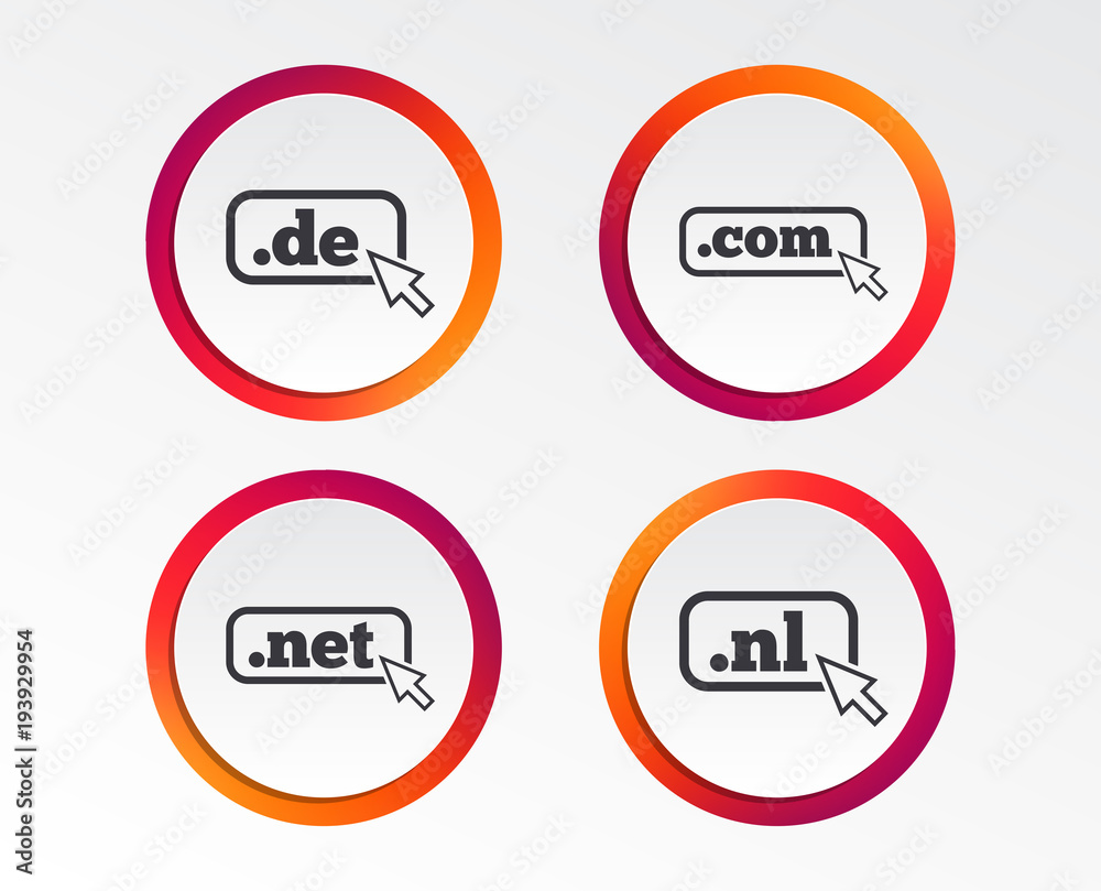 Top-level internet domain icons. De, Com, Net and Nl symbols with ...