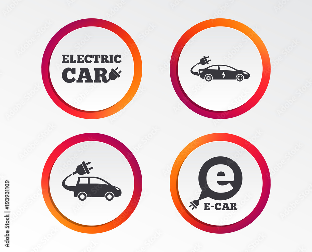 Electric car icons. Sedan and Hatchback transport symbols. Eco fuel ...