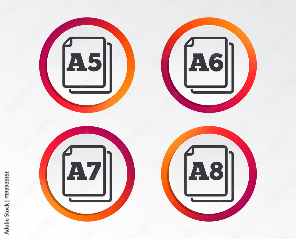 Paper size standard icons. Document symbols. A5, A6, A7 and A8 page ...