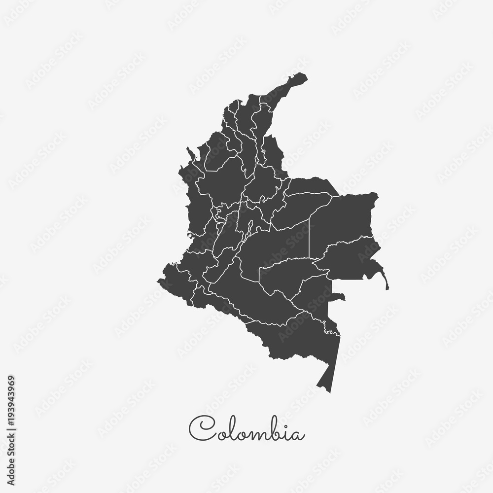 Colombia region map: grey outline on white background. Detailed map of ...