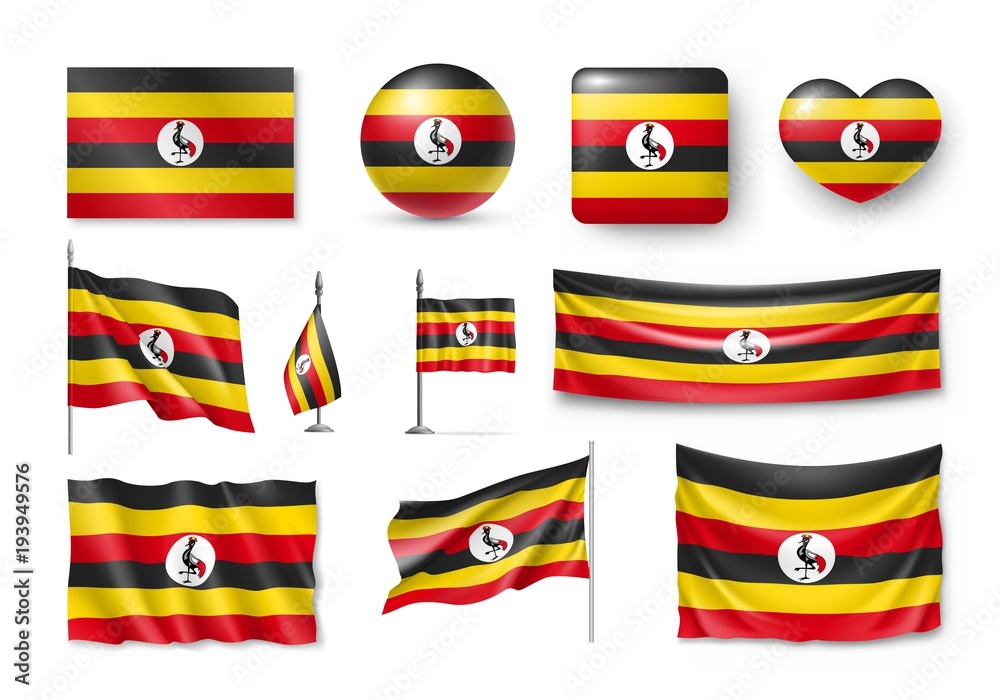 Set Uganda flags, banners, banners, symbols, realistic icon. Vector ...