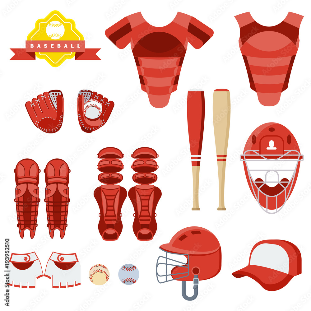 Baseball equipment set. Bat, ball, softball gloves, batting helmets ...