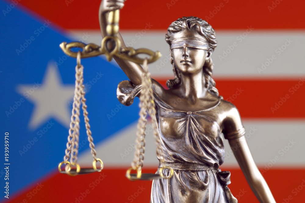 Symbol of law and justice with Puerto Rico Flag. Close up. Stock Photo ...