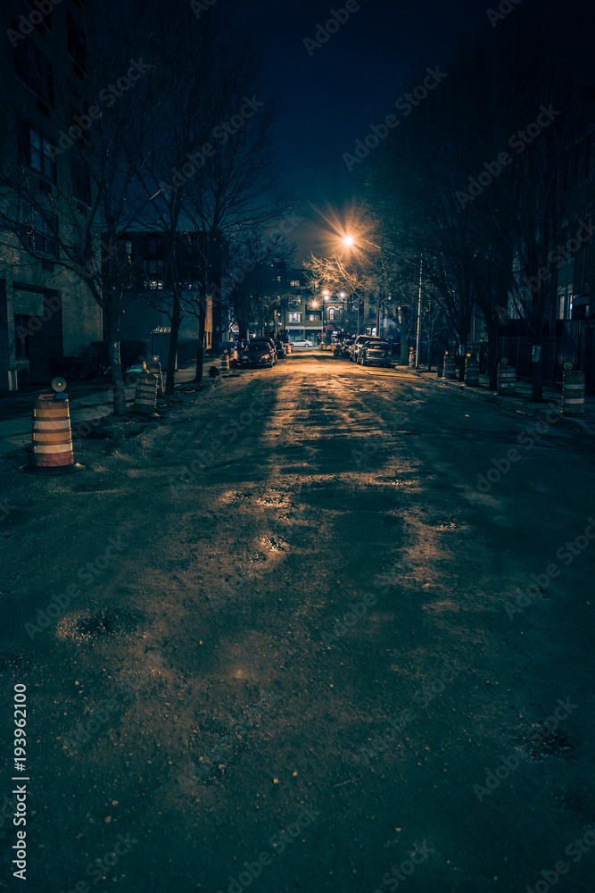 Dark empty and scary urban city street.road with alleys under ...