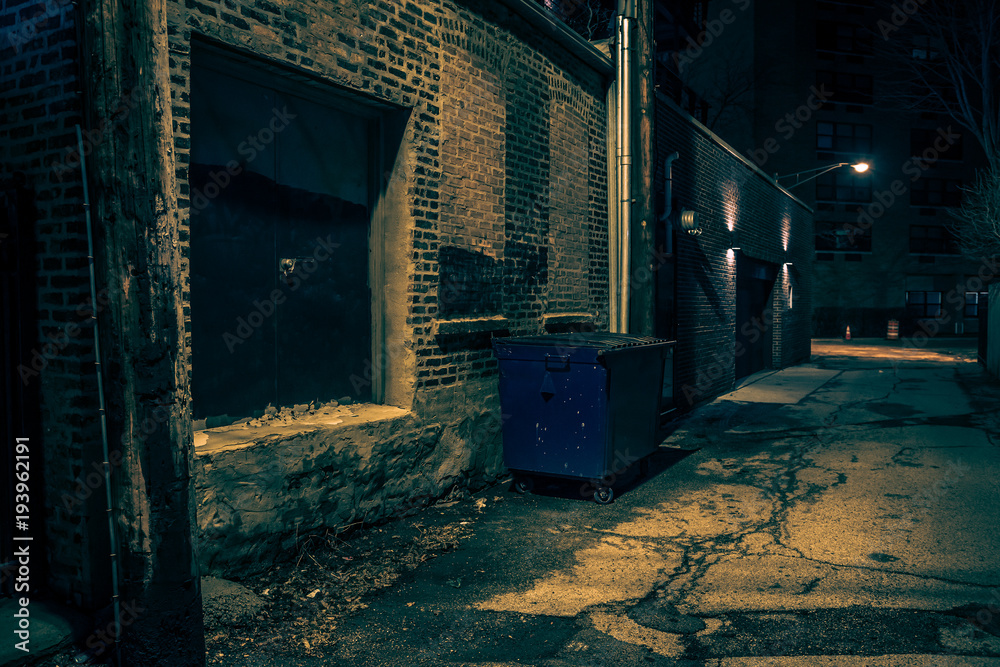 Dark empty and scary urban city street.alley with a vintage warehouse ...