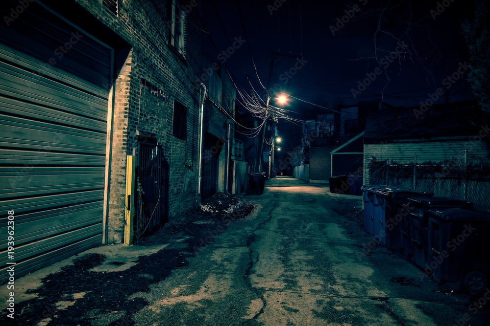 Dark empty and scary urban city street.alley with vintage buildings and ...