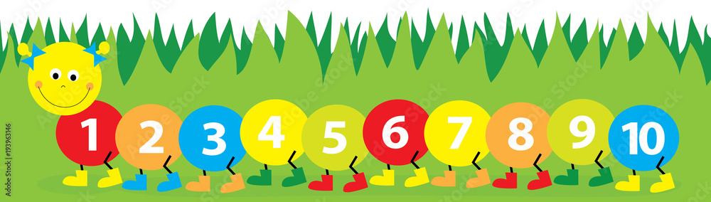 Happy, cute cartoon caterpillar with a hat and flowers / numbers line 1 ...