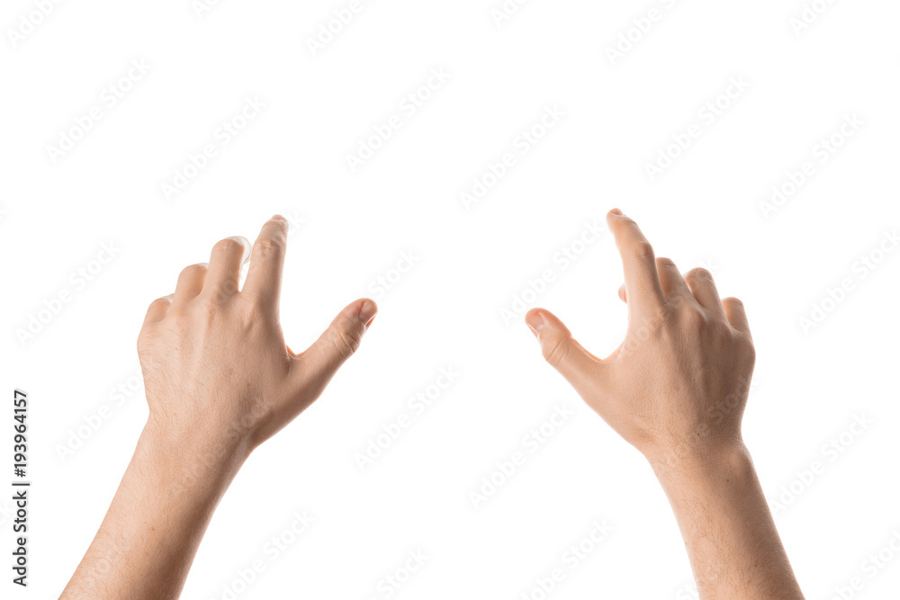 Man hand hold, grab or catch some object, hand gesture. Isolated on ...