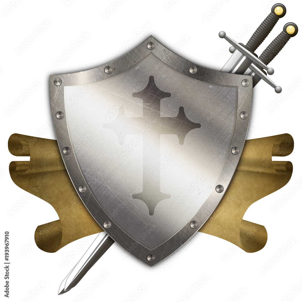 Antique riveted shield with cross,scroll and two swords. Stock ...