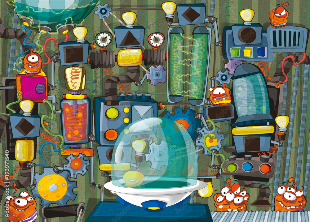 cartoon scene with ufo machine in science fiction factory - aliens ...