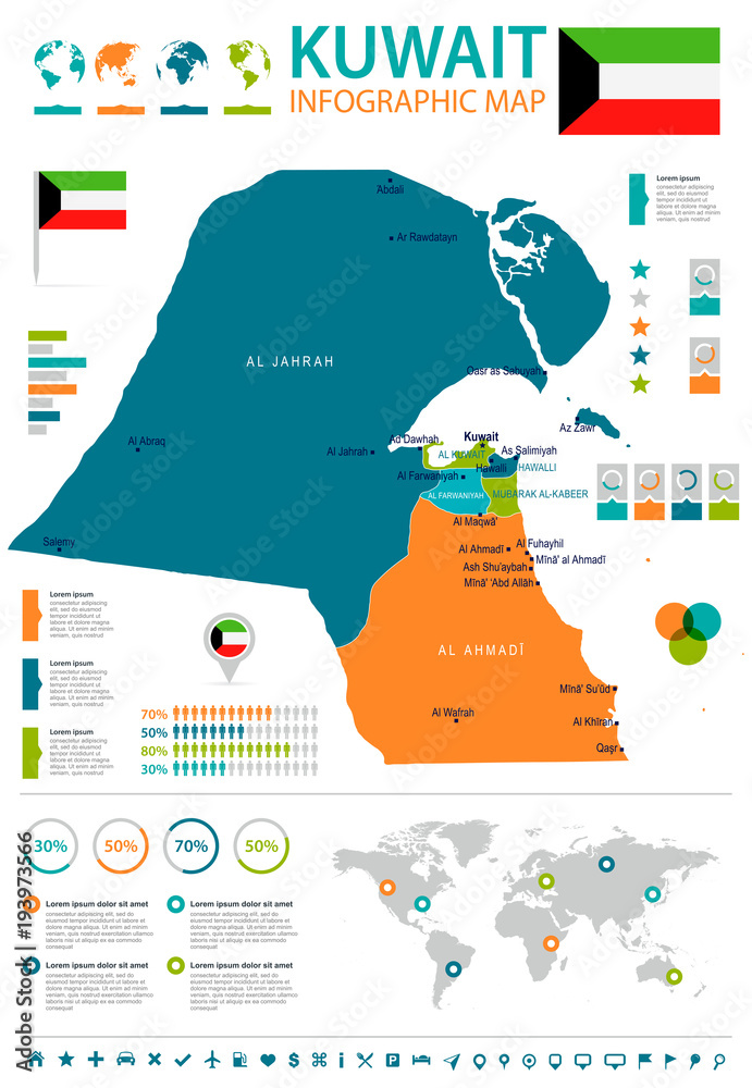 Kuwait - infographic map and flag - Detailed Vector Illustration Stock ...