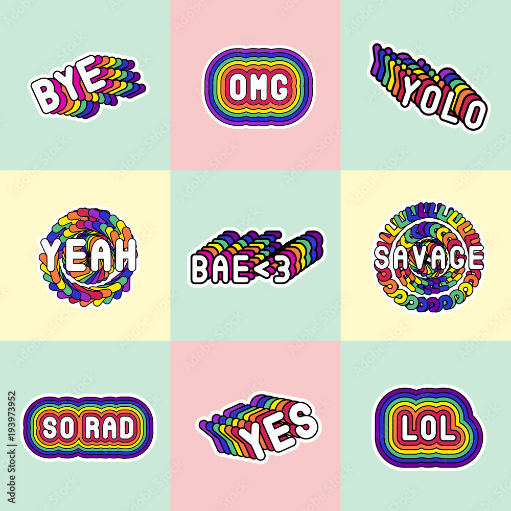 Vector set of cartoon rainbow-colored patches with phrases, words: "Bye ...