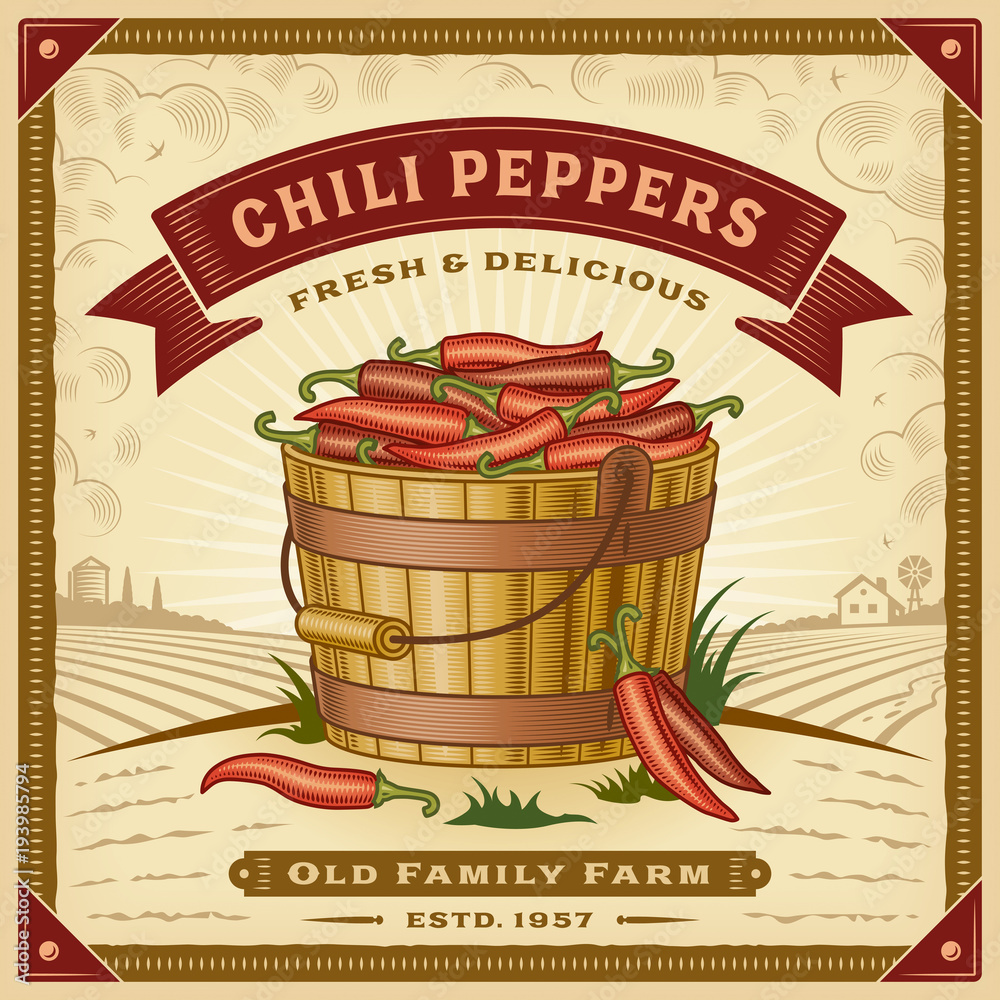 Retro chili pepper harvest label with landscape. Editable EPS10 vector ...