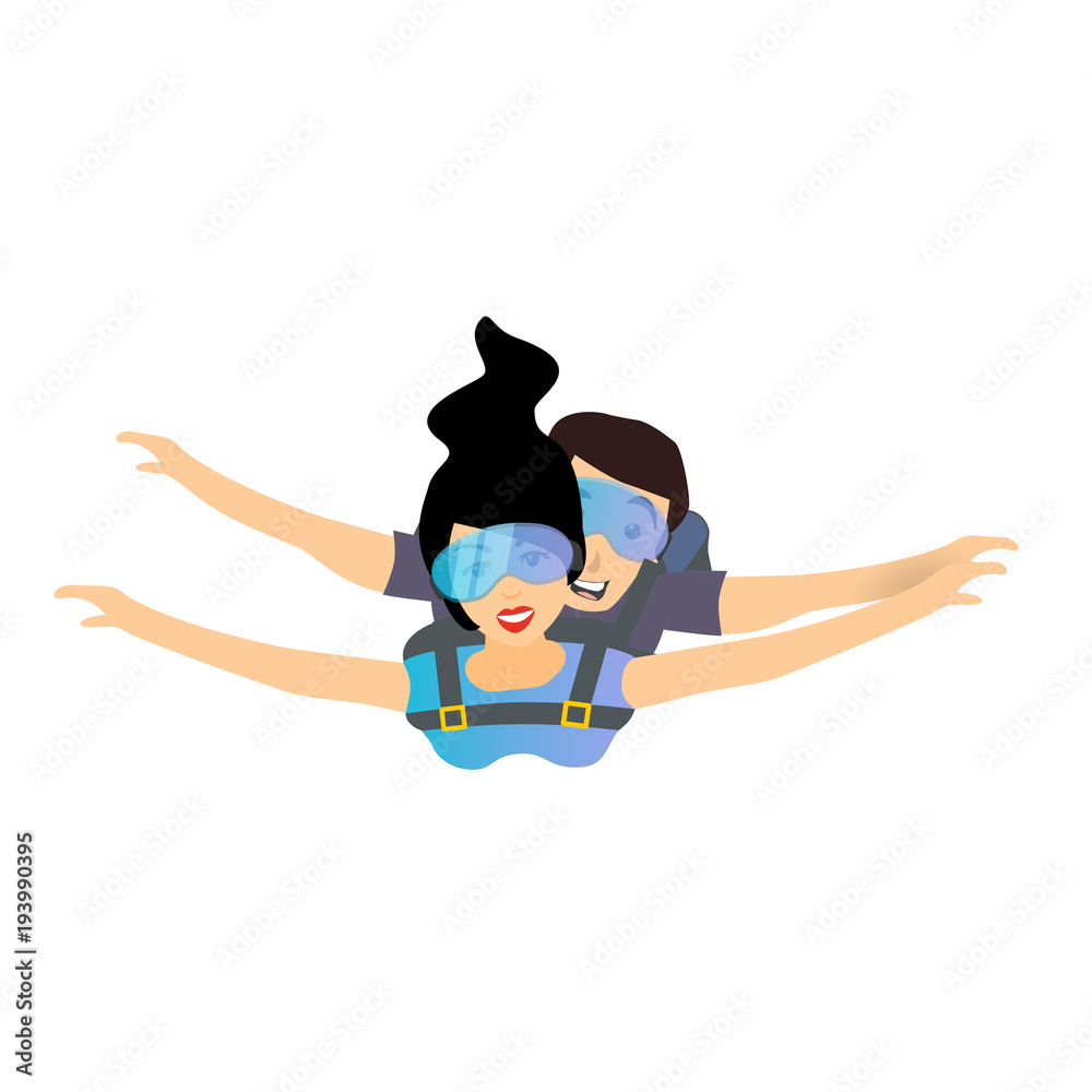 Skydiver man and woman flying. Parachutist characters. Tandem skydiving ...