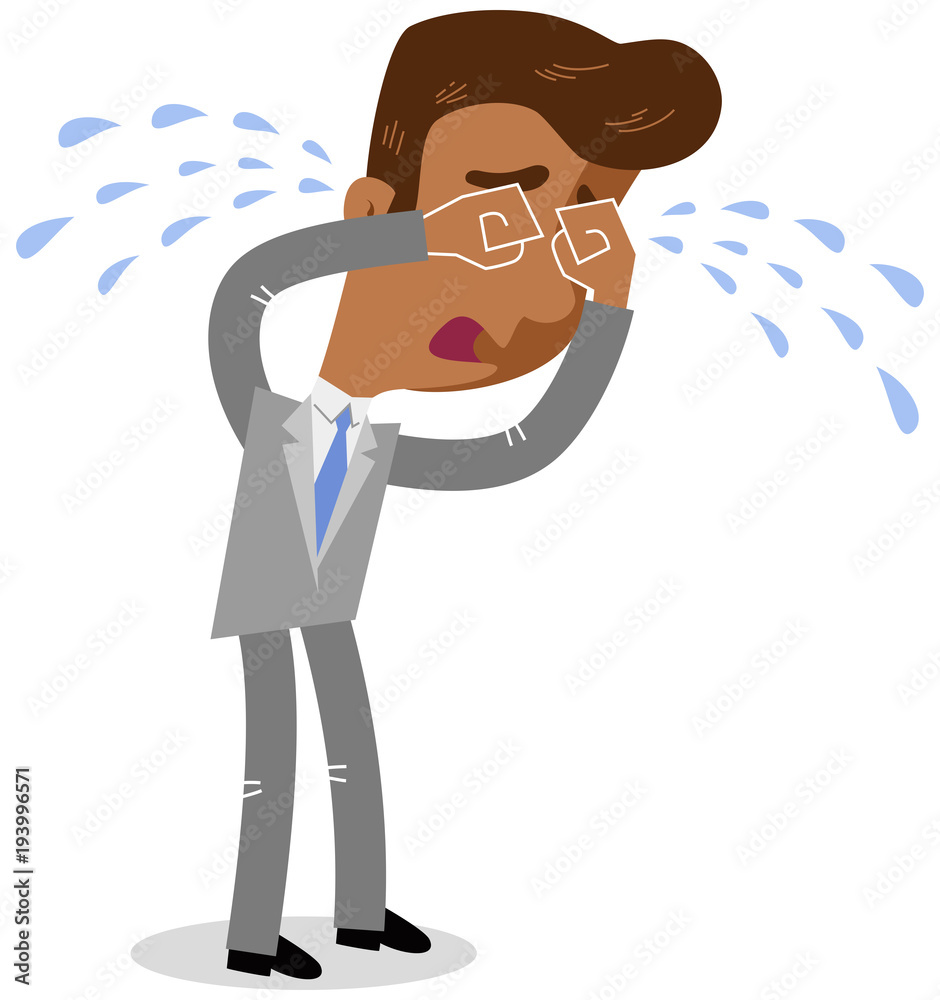 Vector illustration of a sad asian cartoon businessman crying his eyes ...