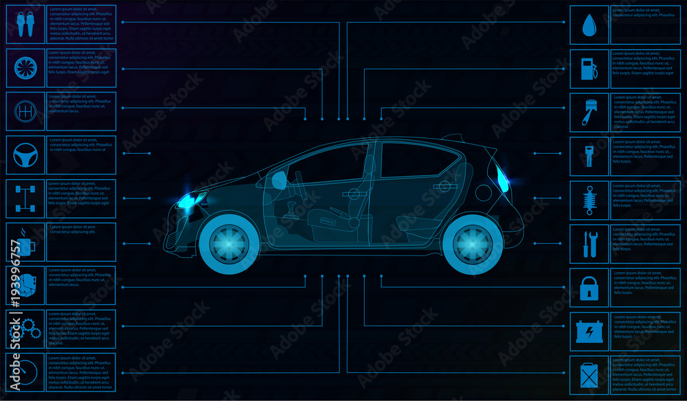 Futuristic user interface. Car service in the style of HUD. Virtual ...