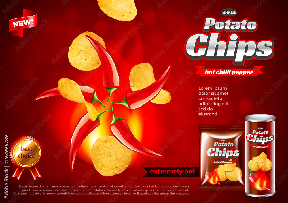 Chips ads. Hot chili pepper flavour vector background Stock Vector ...