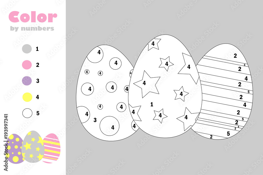 Eggs in cartoon style, color by number, easter education paper game for ...