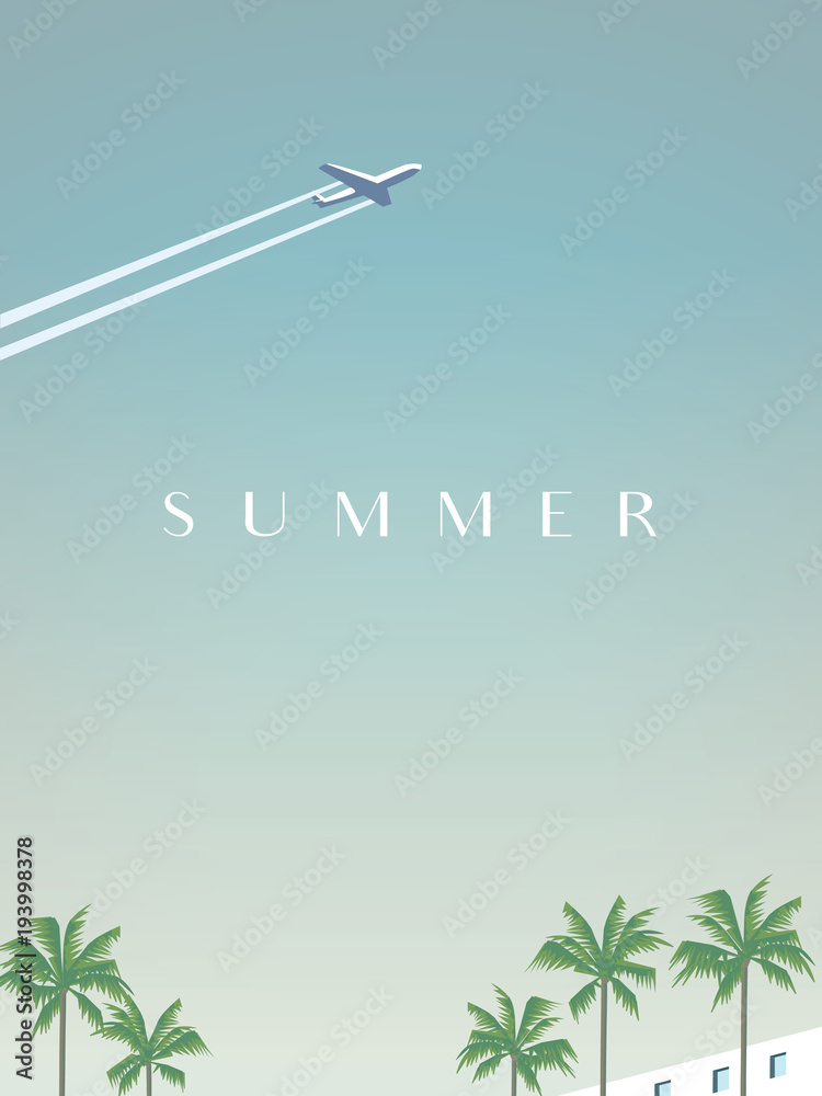 Summer traveling vector poster template with airplane flying over palm ...